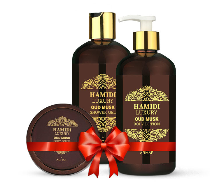 HAMIDI LUXURY OUD MUSK 3 PC GIFT SET - BODY SCRUB + BODY LOTION + SHOW ...